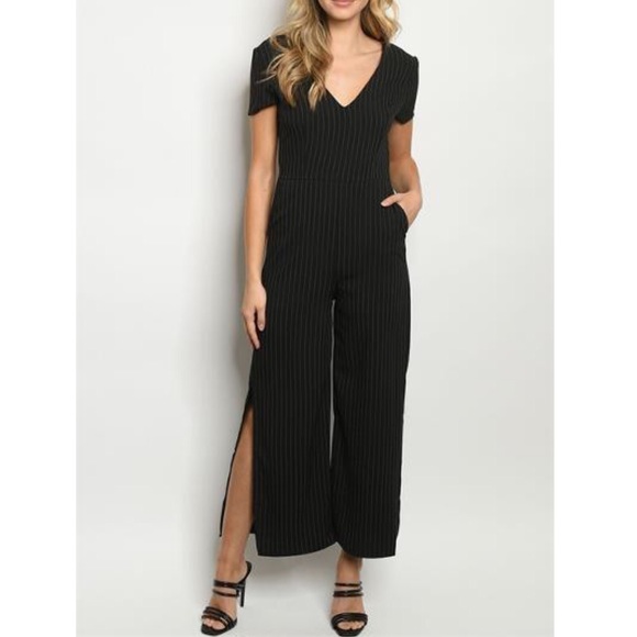 Pants & Jumpsuits | Black Stripe Split Leg Jumpsuit | Poshmark